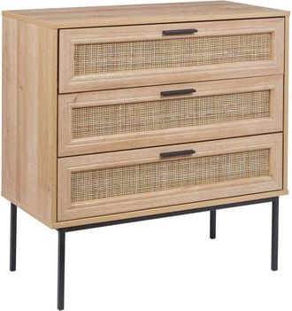 Beliani Kommode Heller Holzfarbton Schwarze Metallbeine und Handgriffe 80 x 80 x 40 cm Boho Stil Drei Rattan Schubladen Schlafzimmer Wohnzimmer Flur