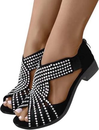 Generic Sandales &agrave; strass pour femme 2026, talon bas scintillant, sandales orthop&eacute;diques &agrave; bout ouvert, chaussures de mariage pour la plage, l&eacute;t&eacute;, confortable