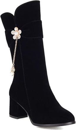 Generic Noir,36 EU,Bottes Hautes en Daim pour Femmes, Bout Rond, Talon Bas épais, Bottes Longues à Chute avec Perles, Chaussures de mariée à Fermeture éclair 