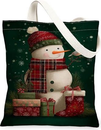 Generic Sacs fourre-tout en toile motif bonhomme de neige de No&euml;l, sacs d&eacute;picerie r&eacute;utilisables, l&eacute;gers et lavables, bandouli&egrave;re pour voyage, plage, pique-niq