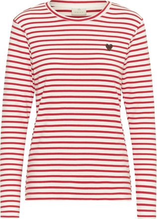 Kaffe Damen Womens Long Sleeves Slim Fit Crew Neck Striped Tee Embroidered T-Shirt, Chalk/True Red Fudge Heart, X-Large