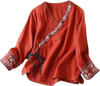 Generic Tunique ample en lin de style boh&egrave;me brod&eacute; floral 2025 pour personnes &acirc;g&eacute;es, chemise indienne &agrave; volants sur le devant pour personnes &acirc;g&eacute;es, jolie gaze