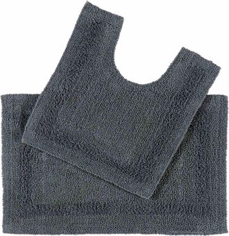 Homescapes 2-TLG. Badematten-Set grau, Badematte 50x80 cm & WC-Vorleger mit Ausschnitt 50x55 cm, Baumwoll-Badteppiche mit Wende-Design