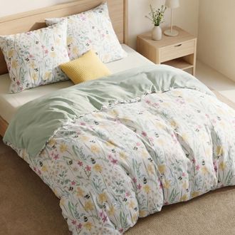 Bedsure Bettw&auml;sche 200x200 3teilig Bettbezug - Bettw&auml;sche-Sets 200 x 200 cm mit 2 Kissenbez&uuml;ge 80x80 cm, &Ouml;KO-TEX Wendebettw&auml;sche Bedding Gr&uuml;n Blumen Pflanze M