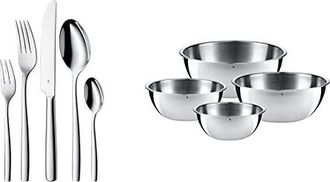 WMF Palma Edelstahl Besteck Set 6 Personen, Essbesteck Set 30 teilig Monobloc-Messer & Gourmet Schüsselset 4-teilig Edelstahl Schüsseln für die Küche 0,75