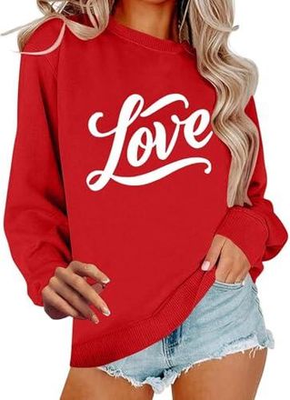 Generic Sweat-shirt rouge &agrave; manches longues et col rond pour femme - Imprim&eacute; coeur - Haut &agrave; manches longues - Haut de sport - Chemises dentra&icirc;nement, rose vif