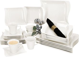 MamboCat Ivory 30tlg Kombiservice I elfenbeinweißes Porzellan-Geschirrset für 6 Personen I Je 6X Tassen 120ml, Untertassen, Kuchenteller, Suppenteller 300ml & 