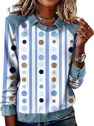 Generic Sweat-shirt l&eacute;ger &agrave; col en denim patchwork pour femme - Style r&eacute;tro - Streetwear - Pour la Saint Patrick, bleu clair, XXL