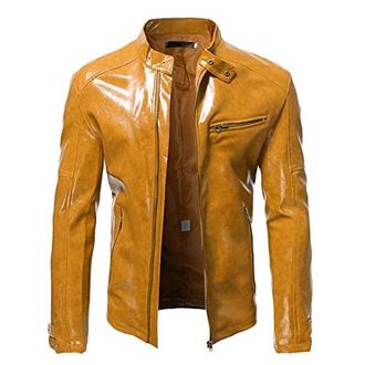 Generico Veste en cuir pour homme, veste de moto en cuir v&eacute;ritable, manteau de pilote vintage de loisirs, veste en PU imperm&eacute;able pour homme, citronier, M