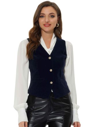 Allegra K Damen Weste Steampunk Samt Weihnachten &Auml;rmellos Button Down V-Ausschnitt Anzugwesten, Dunkelblau, X-Large