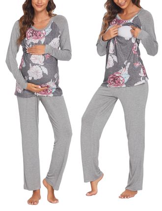 Ekouaer Stillpyjama Damen Still Schlafanzug Umstandsschlafanzug Langarm Wochenbett Hausanzug Schwangerschaft Winter 2-Grau Floral XXL