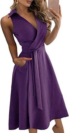 ORANDESIGNE Robe Longue Femme Mode Col en V sans Manches Robe Impression Géométrique Couleur Unie Robe été Boho Mousseline de Soie Fleurs Revers Robe Fendue Irrég