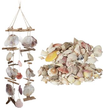 Relaxdays 2 teiliges Deko Set, Windspiel Treibholz mit Capiz-Muscheln, Muschel Mix mit Schnecken, großes Klangspiel, Stranddeko