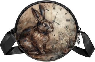 Generic Sac &agrave; bandouli&egrave;re rond pour femme, motif lapin vintage, sac &agrave; dos &agrave; bandouli&egrave;re avec fermeture &eacute;clair, bretelles r&eacute;glables, sac &agrave; main rond d&eacute;contract