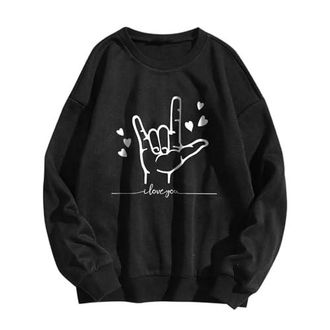 Generic Sweat-shirt &agrave; manches longues et col rond imprim&eacute; coeur I You pour femme, Noir, XXL