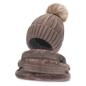 Generic Ensemble de deux pi&egrave;ces &eacute;charpe et chapeau en laine pour femme - En polaire chaude et coupe-vent, caf&eacute;, Taille unique