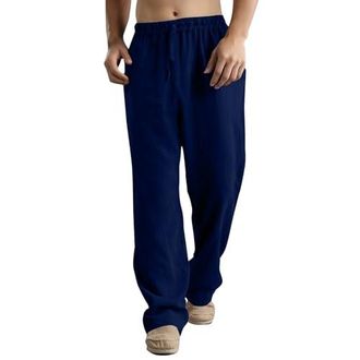Generic Pantalon blanc pour homme en lin pour homme, coupe ample, jambe droite, pantalon blanc, pantalon de plage, pantalon cargo d&eacute;t&eacute; l&eacute;ger pour homme, panta