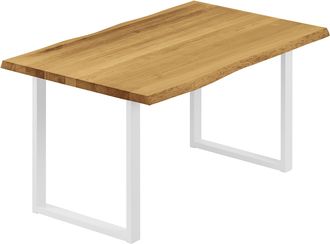 Lamofootwear Manufaktur Esstisch K&uuml;chentisch Schreibtisch Couchtisch aus Massivholz, mit Baumkante 140x60x76 cm (AxBxH), Loft, Rustikal/Weiss, LNB-01-A-003-9016L