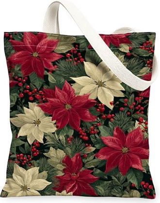 Generic Sacs fourre-tout en toile &agrave; motif floral de No&euml;l, &eacute;l&eacute;gant motif poinsettia, sacs d&eacute;picerie r&eacute;utilisables, vintage, l&eacute;gers et lavables, toile pour voya