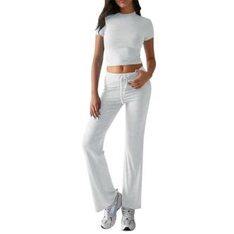 Generic Ensemble de sport 2 pi&egrave;ces pour femme - Pull d&eacute;contract&eacute; &agrave; manches courtes - Pantalon large - Costume d&eacute;contract&eacute; pour femme - Surv&ecirc;tement de loisirs 