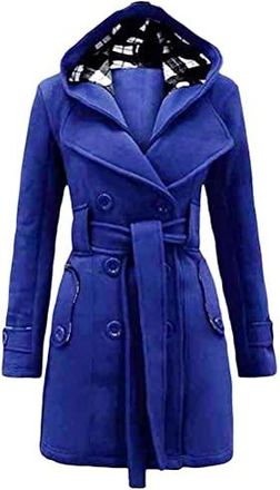 Minetom Femme Trench-Coat &agrave; Double Boutonnage Ceinture Bouton Automne Hiver Manche Longue Veste Manteau &agrave; Capuche A Bleu 3XL