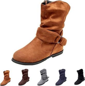 Generic Bottines molles pour femme sans talon - Bottes mi-mollet plates avec fermeture &eacute;clair lat&eacute;rale - Bottines &agrave; talon bas - Pour lautomne et lext&eacute;rieur, m