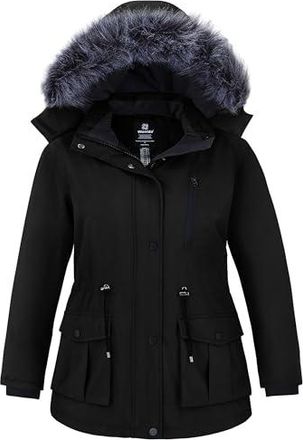Wantdo Femmes Manteau Femmes Grande Taille Hiver Imperm&eacute;able Doudoune Chaud &Eacute;paissir Amovible &agrave; Capuche Parka Noir 52-54
