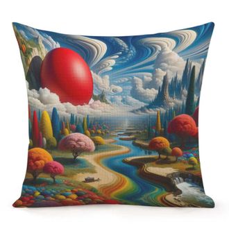 Generic Kissenh&uuml;lle Gigantische Rote Eierb&auml;ume Und Berge, EIN Fluss Mit Regenbogen Durch Die Szene Unter Einem Himmel Mit Wirbelnden Wolken Cushion Covers Wei