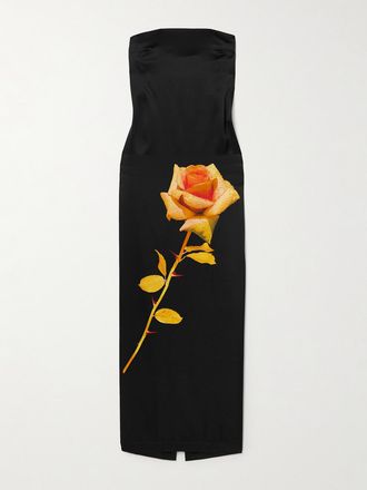 DAVID KOMA Tr&auml;gerlose Robe Aus Seidensatin Mit Blumenprint - Schwarz