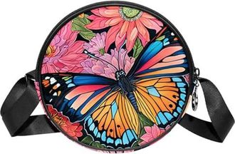 Generic Sac &agrave; bandouli&egrave;re rond pour femme, petit sac &agrave; bandouli&egrave;re avec fermeture &eacute;clair, bretelles r&eacute;glables, style d&eacute;contract&eacute;, motif papillon