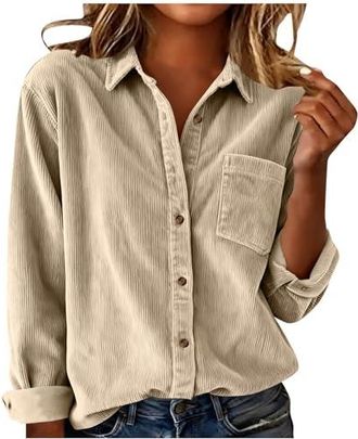 Generic Chemises en velours c&ocirc;tel&eacute; pour femmes &agrave; manches longues avec col boutonn&eacute;, amples, style boyfriend, vestes, vestes avec poche, beige, 3XL