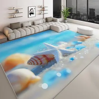 Generic Tapis Lavable &agrave; Poils Courts, Tapis Antid&eacute;rapant Doux 3D Bord De Mer Plage Animaux pour Salon Salle &agrave; Manger Chambre &agrave; Coucher et Bureau - D&eacute;coration 