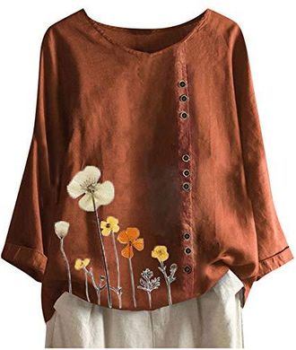 Generic Chemisier en lin pour femme &agrave; manches longues m&eacute;di&eacute;vales - Chemise en lin pour femme - Grande taille - Chemisier d&eacute;t&eacute; en mousseline - Col rond - Grand