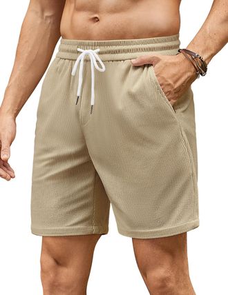 Coofandy Kurze Leinenhose Herren Sommer Shorts Bermuda Freizeit Strick Corduroy Freizeitshorts mit Taschen Hellkhaki 40