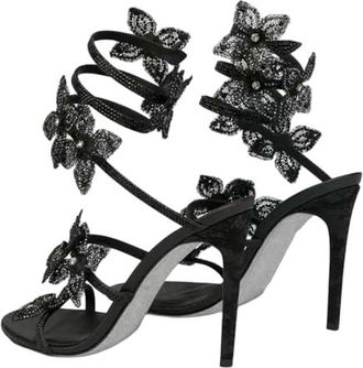 Generic YUJIEBB &Eacute;l&eacute;gant Rose Mariage Carstal Bow Talons Hauts Sandales Femme &Eacute;t&eacute; Sangle de Cheville Mince Talons Hauts Bout Ouvert Chaussures de F&ecirc;te, Noir, 3