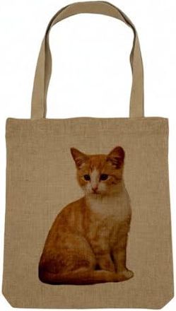 Fabulous Sac Shopping Tote Bag Aspect Lin - Tres Beau Chat Roux et Blanc Mignon Chat Domestique - Sac de Courses Toile Epaisse 360g Beige Naturel Cabas Port&eacute; E