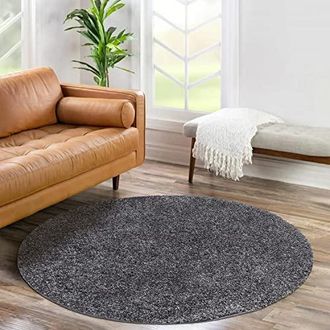 Carpet City Shaggy Tapis de salon, &agrave; poils longs, motif uni, anthracite, 80 cm, rond, doux et moelleux, moderne, convient &eacute;galement &agrave; la chambre &agrave; coucher