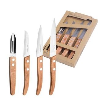 Lou Laguiole Set de 4 couteaux de petite coutellerie - Eplucheur, Bec doiseau, Couteaux doffice - Acier inoxydable 13 C, Finition Satin&eacute;e- Bois clair