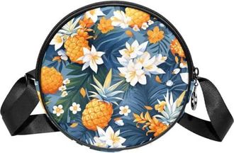 Generic Sac &agrave; bandouli&egrave;re rond pour femme, motif fleurs dananas avec fermeture &eacute;clair, bretelles r&eacute;glables, sac &agrave; main rond d&eacute;contract&eacute; pour femmes et filles