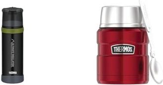 Thermos Mountain Beverage Bottle 0,5l, Black, Thermosflasche Edelstahl & STAINLESS KING FOOD JAR 0,47l, cranberry red, Thermosbehälter aus Edelstahl mit Löffe