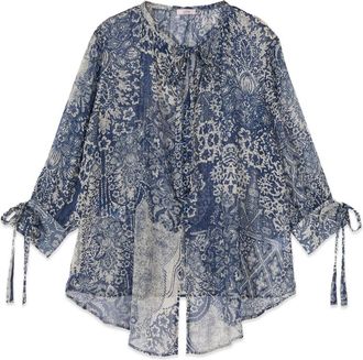 Oltre Femme, Blouses et Chemises, Bleu, Taille: 38 FR Blouse &agrave; motifs avec des noeuds
