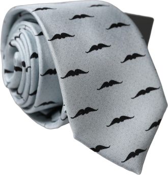 Dolce & Gabbana Mens Light Gray Mustache Fantasy Silk Adjustable Necktie Tie