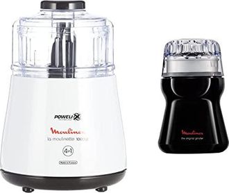 Moulinex Hachoir Électrique La Moulinette Hacher Mixer Viande Légumes Herbes Ails Oignons Fruits Secs Sauces 1000W Blanc & Moulin à Grain Électrique Dehli Café