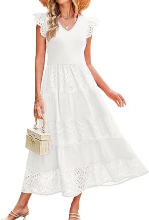 Grace Karin Robe décontractée pour femme - En coton - Broderie - Ligne A - Élégante robe de vacances dété avec poches, Blanc., XL