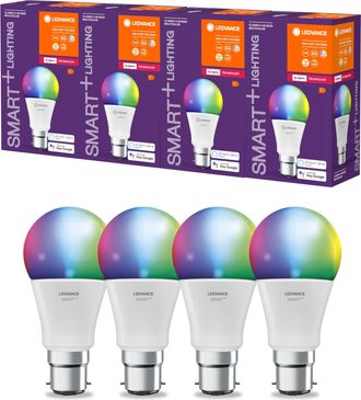 Ledvance Smart+ Lampe mit ZigBee Technologie, 9W, A60, matt, Sockel B22D, Lichtfarbe RGBW einstellbar, 806lm, 4er Pack
