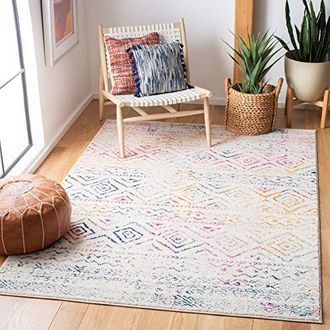 Safavieh Tapis Boho pour Salon, Salle à Manger, Chambre à Coucher - Tulum Collection, Tapis à Poil Court, Ivoire et Fuchsia, 200 x 200 cm