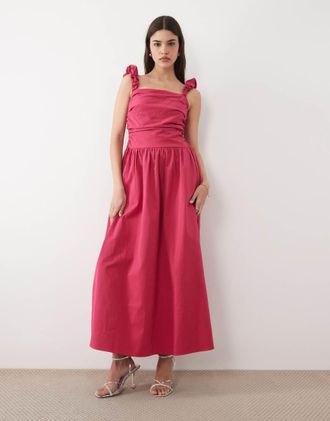 Nobody's Child Victoria - Robe longue en coton avec corsage fronc&eacute; et bretelles torsad&eacute;es - Rose