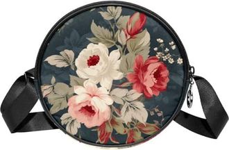 Generic Sac &agrave; bandouli&egrave;re rond pour femme, sac &agrave; bandouli&egrave;re classique vintage &agrave; motif floral avec fermeture &eacute;clair, bretelles r&eacute;glables, sac &agrave; main rond d&eacute;co