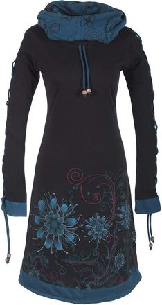 vishes Alternative Bekleidung - Bedrucktes Langarm Damen Blumen Kleid mit Schalkragen und Schn&uuml;ren schwarz 38-40