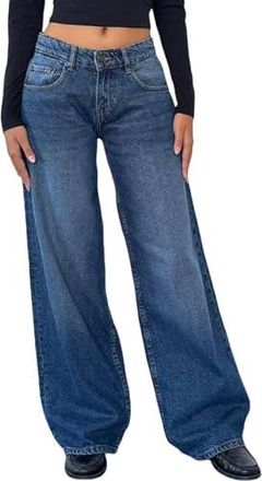 Generic Y2K - Jean ample taille basse pour femme, pantalon décontracté en denim coupe ample, streetwear, jambe droite et large, pantalon boyfriend ample avec 